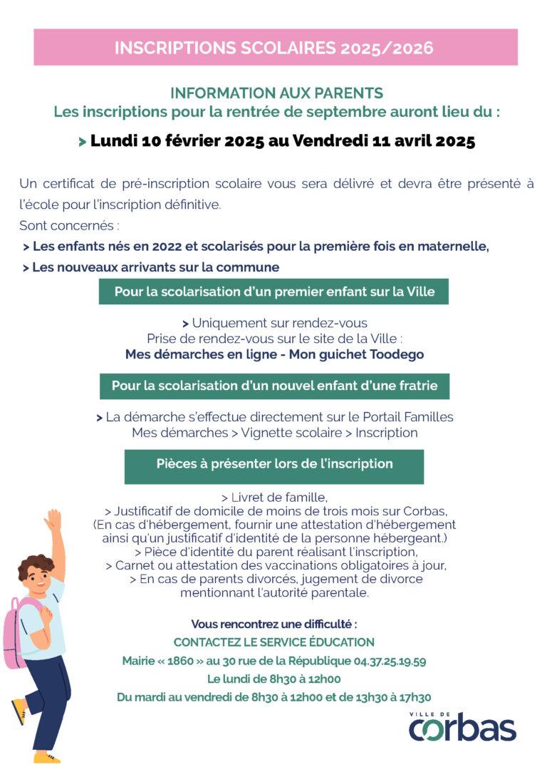 Inscriptions Scolaires : rentrée 2025/2026 - Corbas